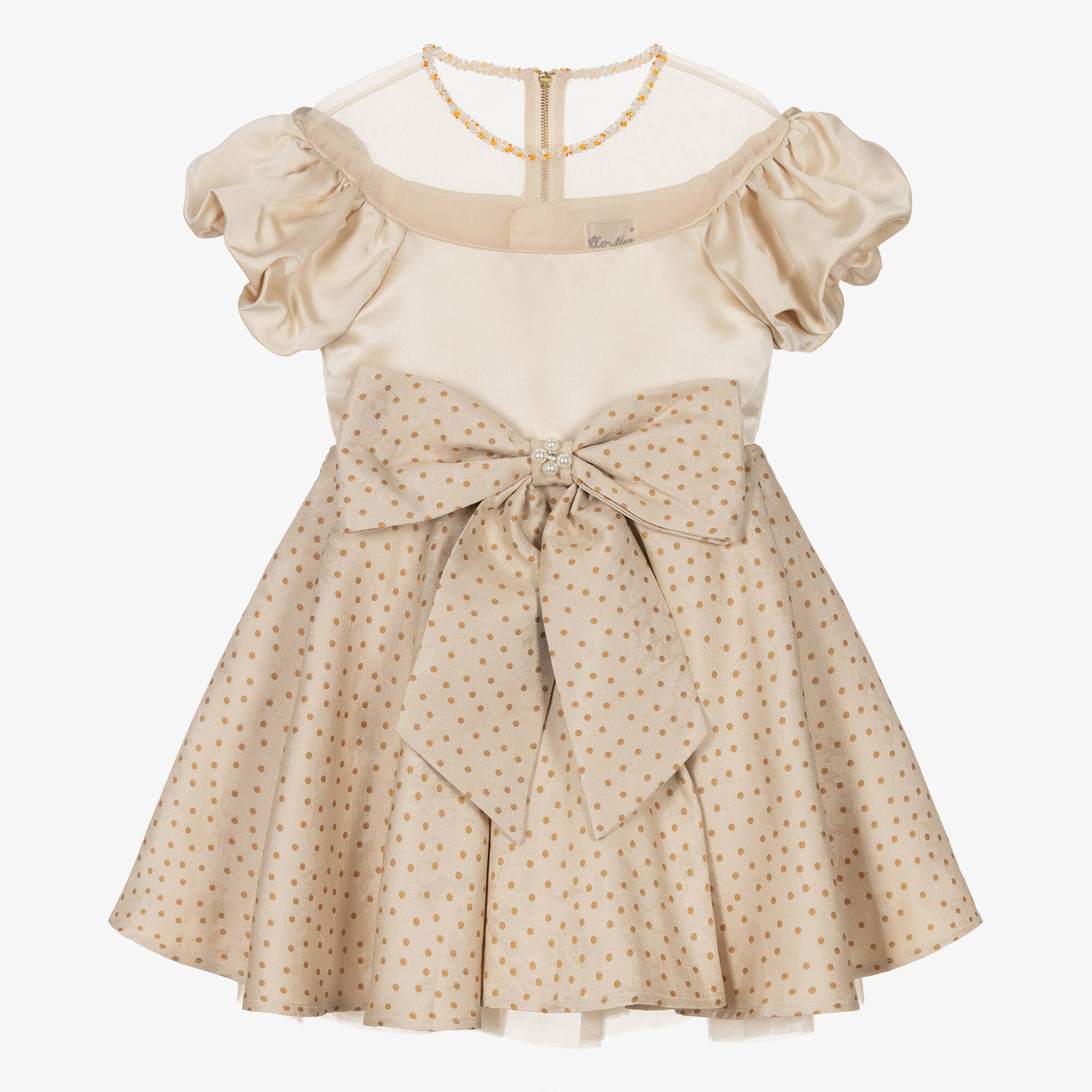 Le Mu - Girls Gold & Beige Jacquard Dress | Childrensalon Outlet