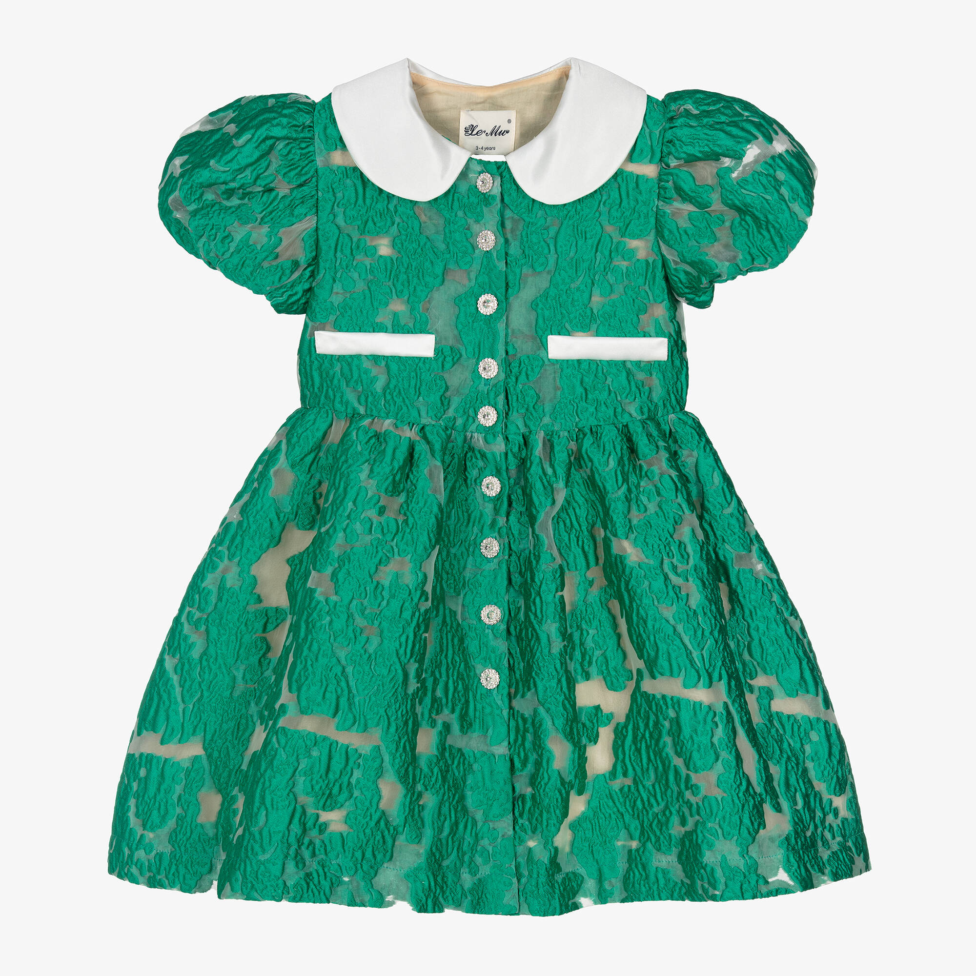 Le Mu - Girls Green Jacquard Organza Dress | Childrensalon Outlet