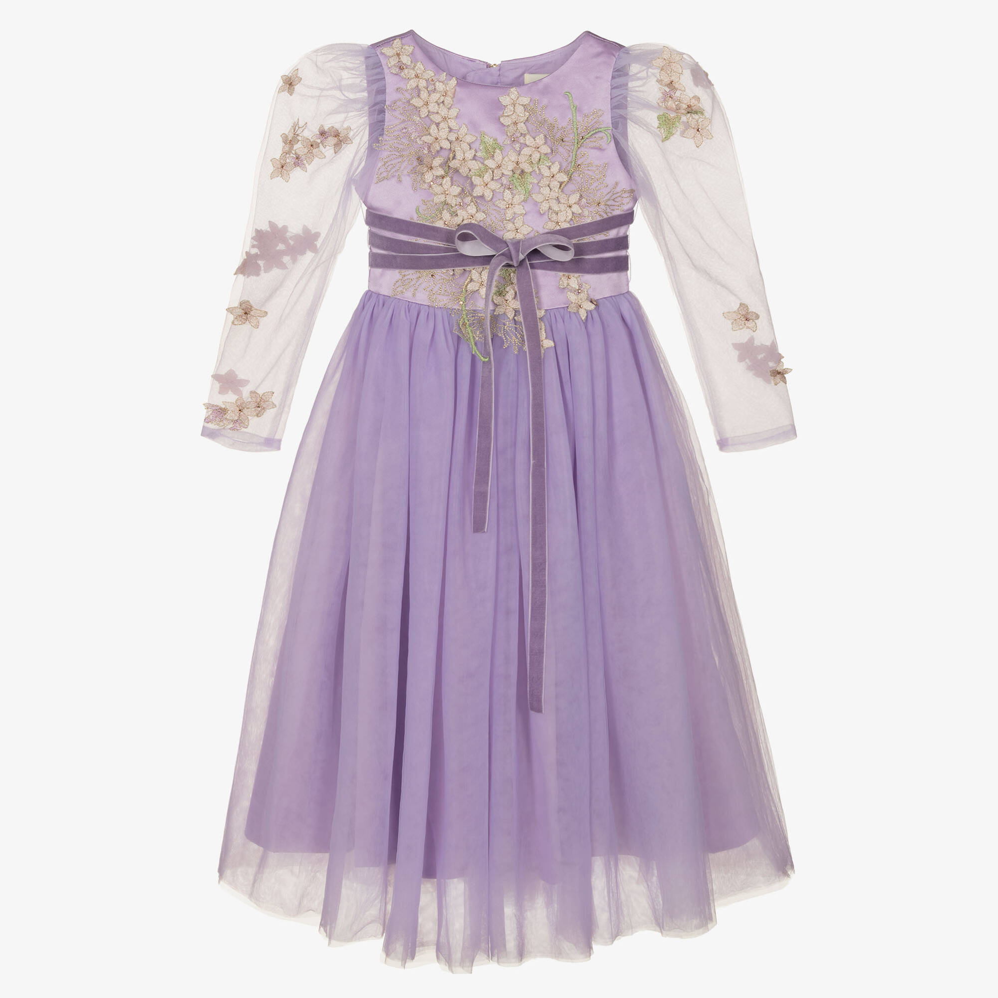 Le Mu - Girls Lilac Embroidered Long Dress | Childrensalon Outlet