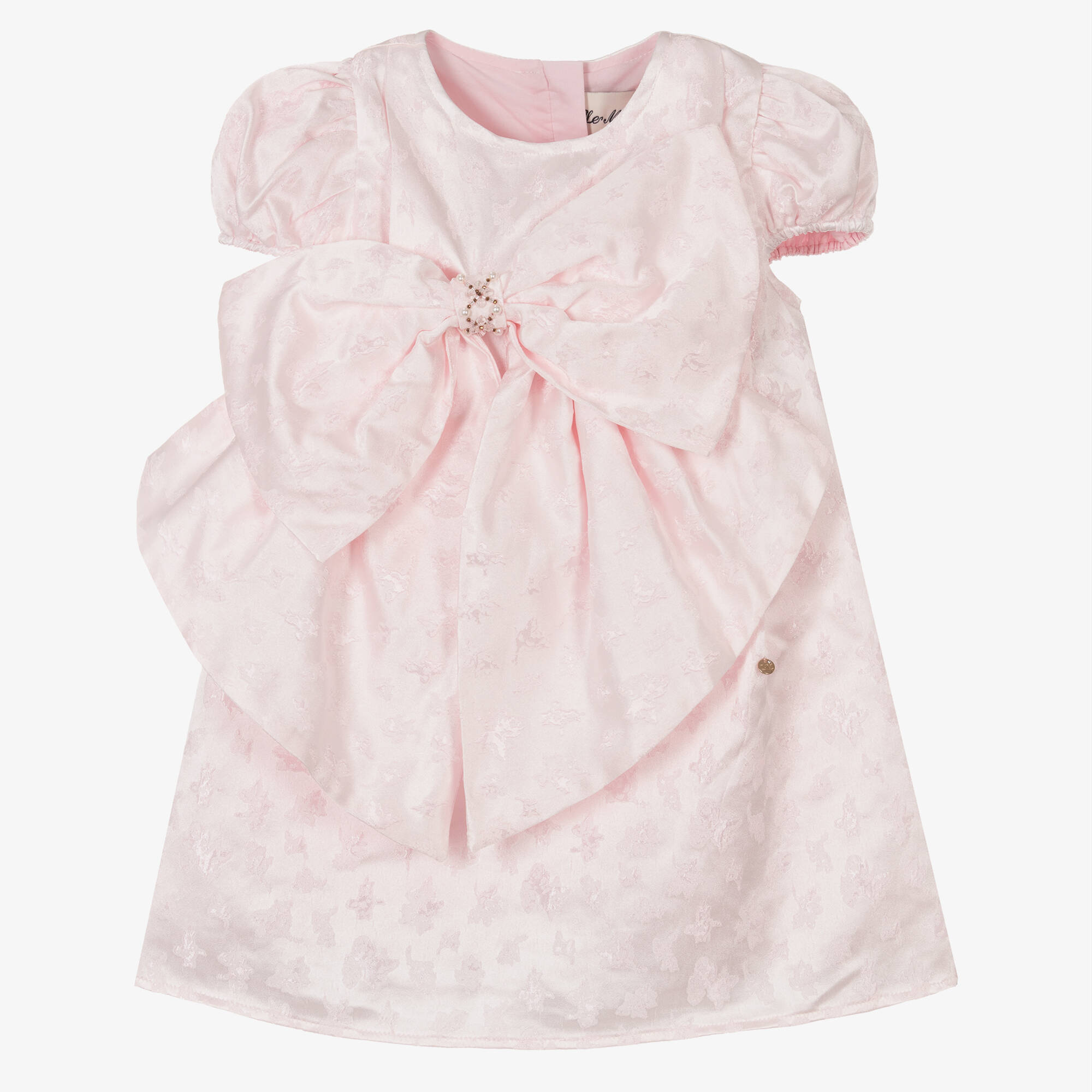 Le Mu - Girls Pink Satin Jacquard Bow Dress | Childrensalon Outlet