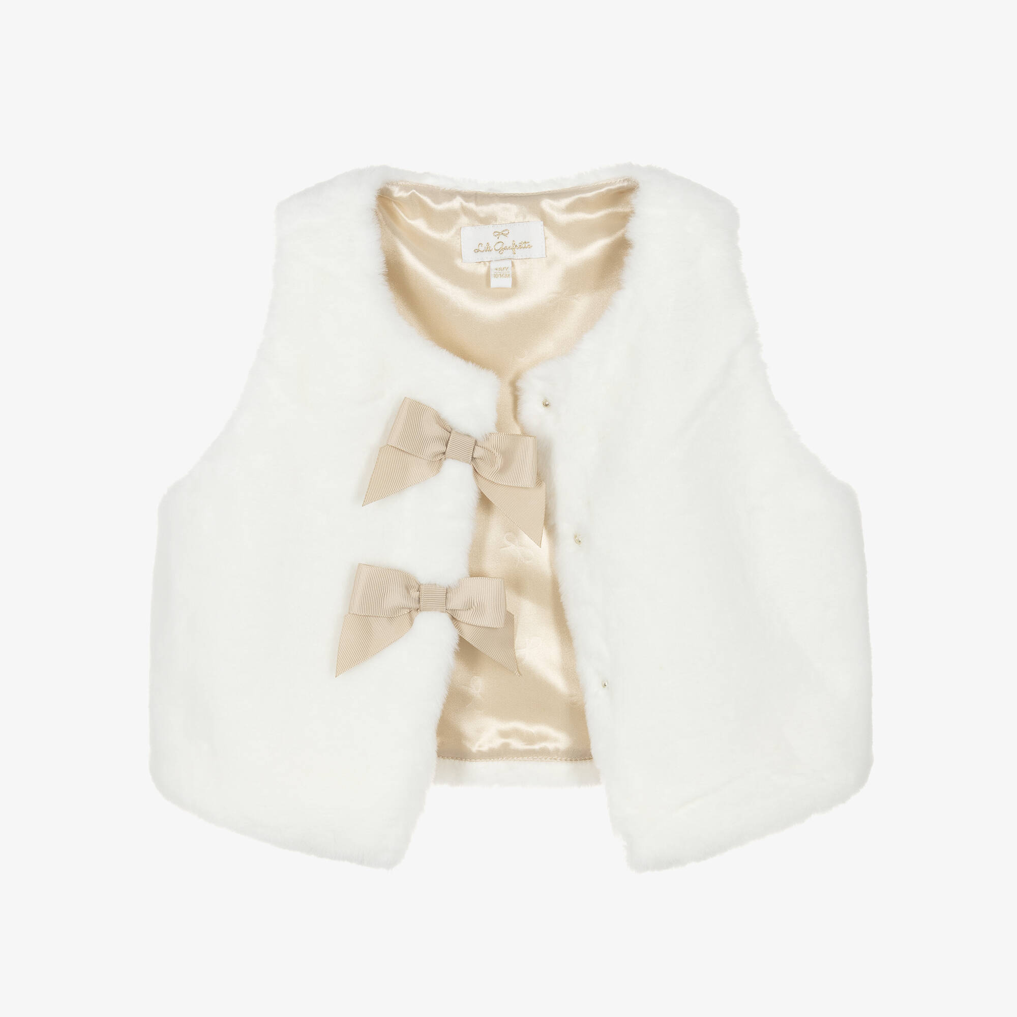 Lili Gaufrette - Girls Ivory Faux Fur Gilet with Gold Grosgrain Bows ...