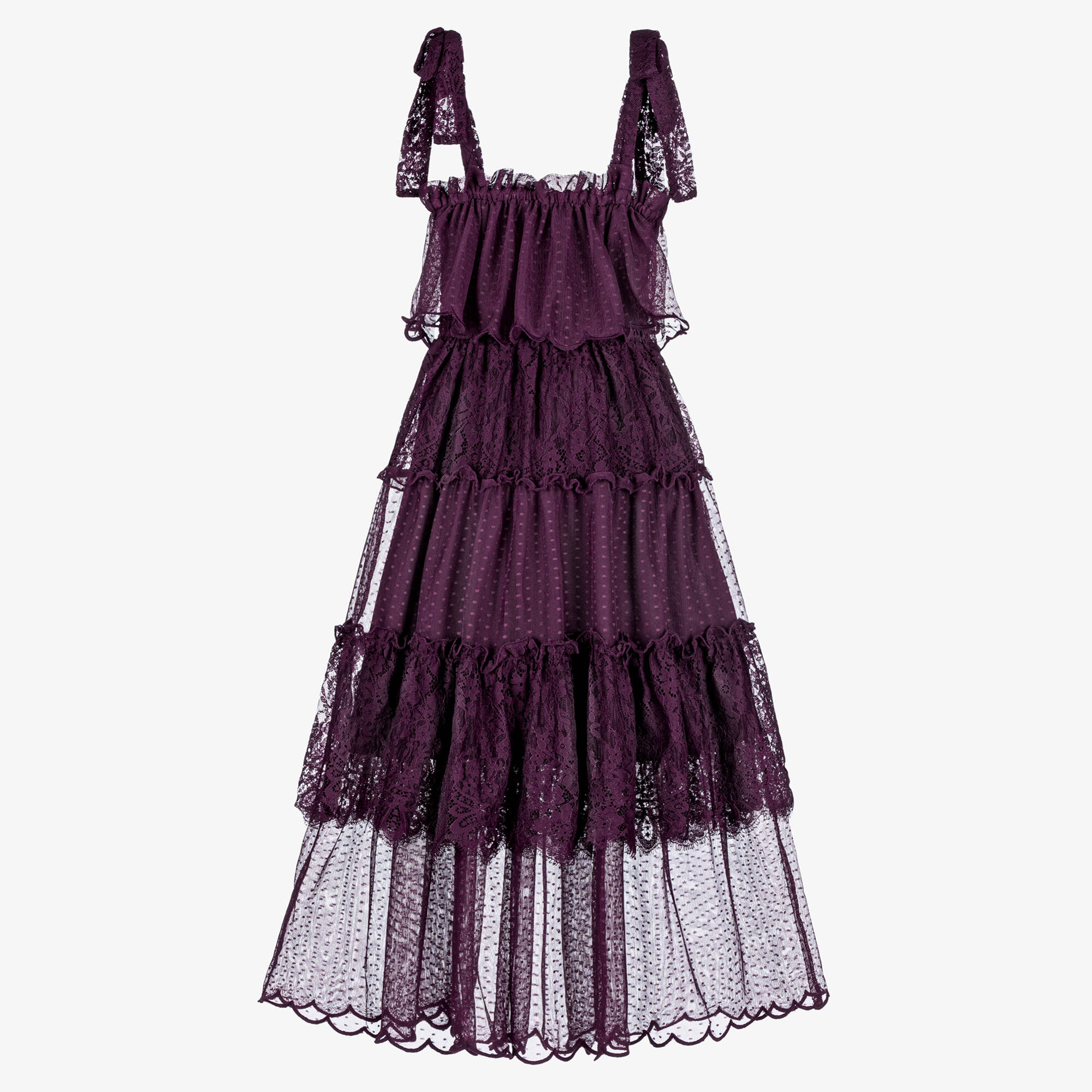 Marlo Kids - Girls Dark Purple Tulle Tiered Lace Maxi Dress ...