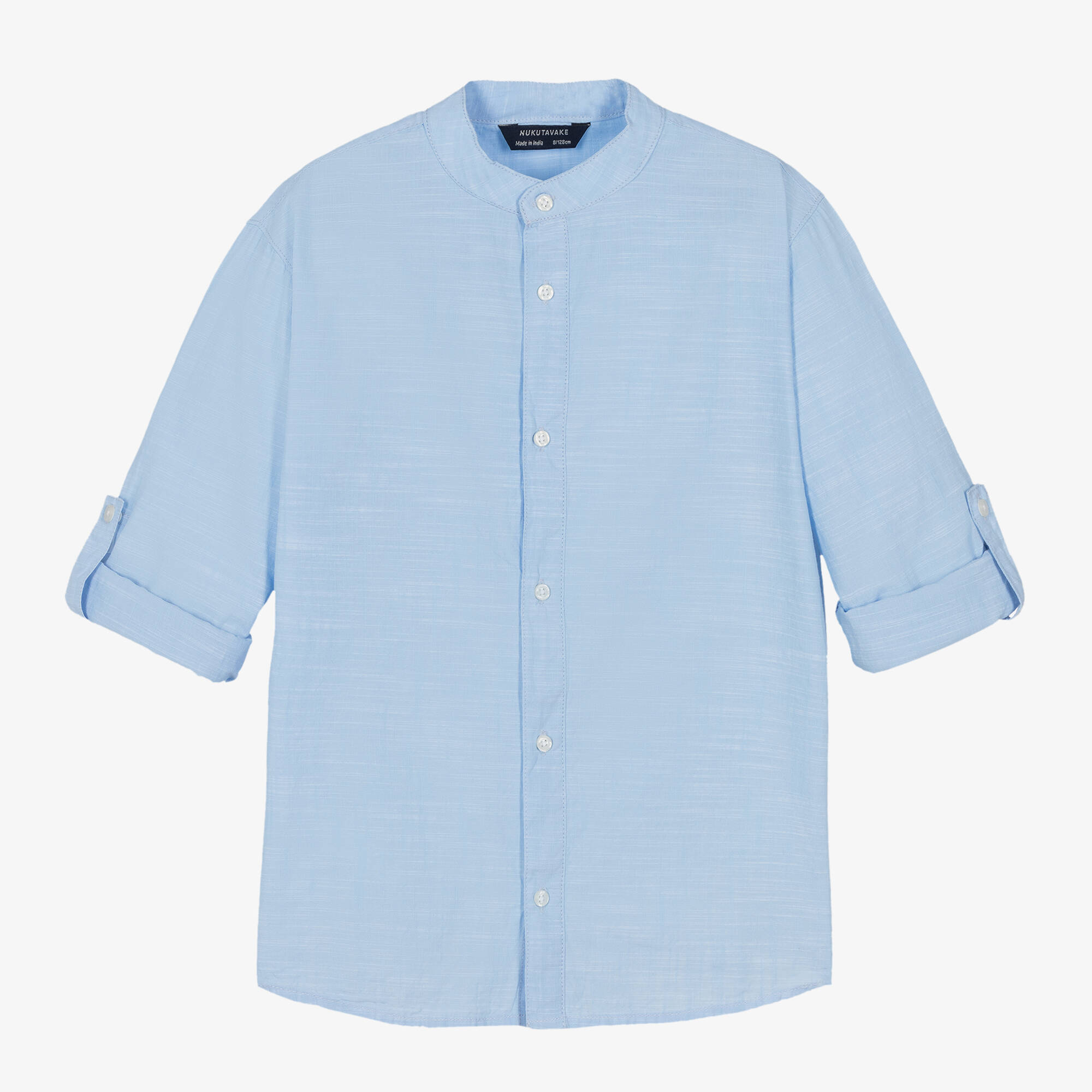 Mayoral Nukutavake - Boys Blue Collarless Cotton Shirt | Childrensalon ...