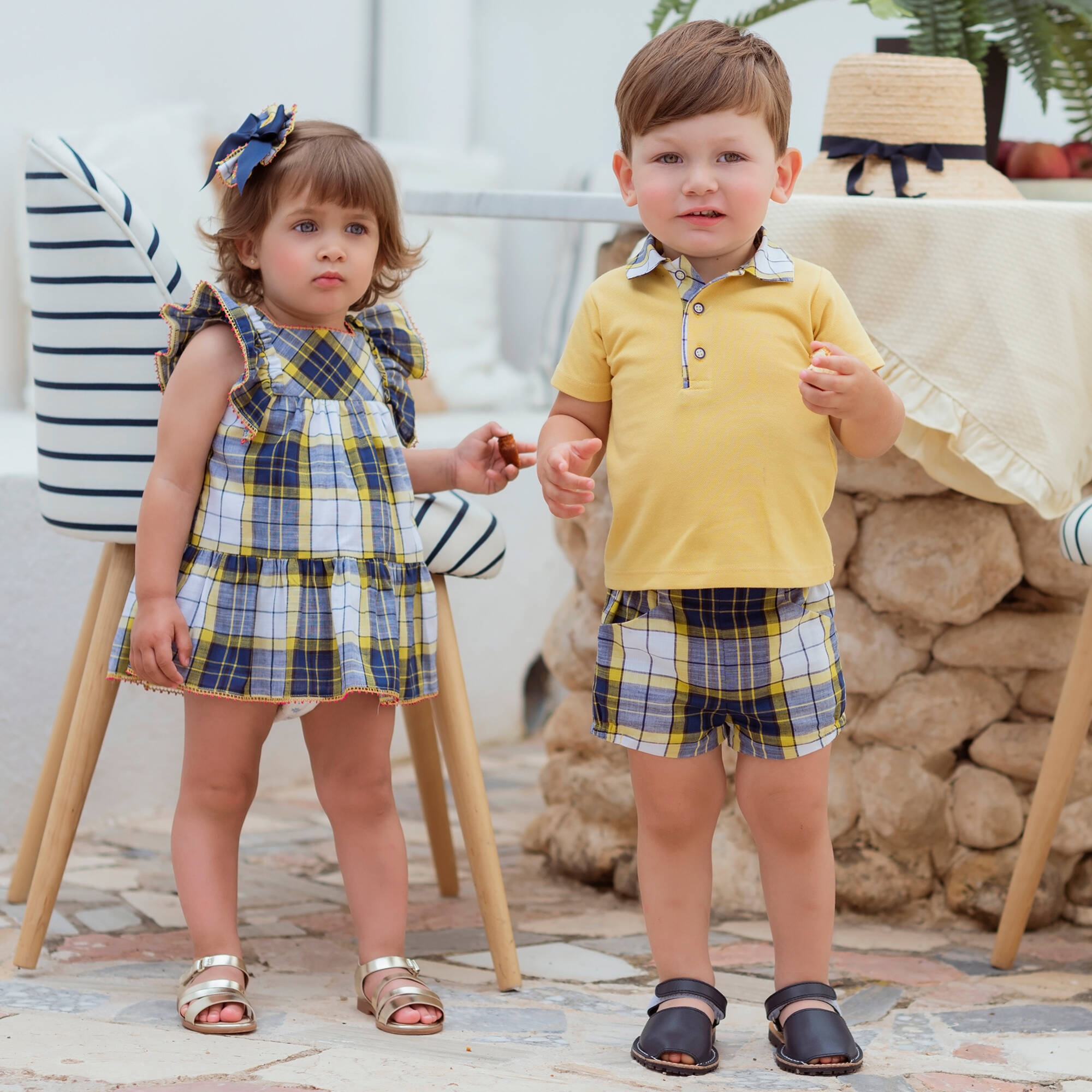 Miranda - Boys Yellow Check Cotton Shorts Set | Childrensalon Outlet