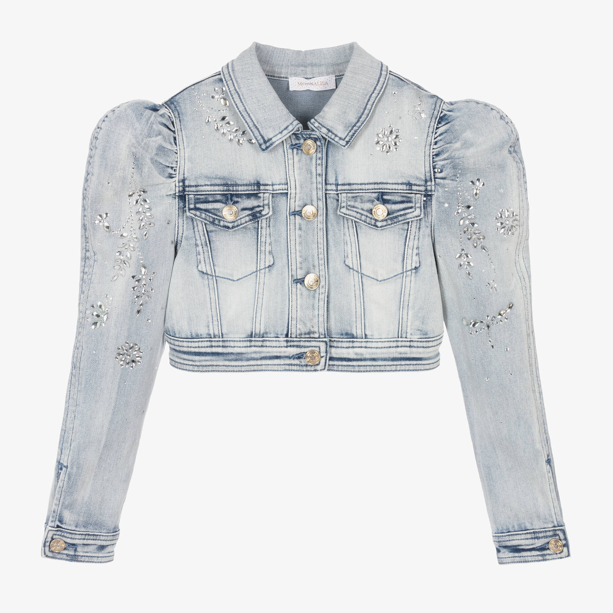 Monnalisa - Girls Blue Rhinestone Cropped Denim Jacket | Childrensalon ...