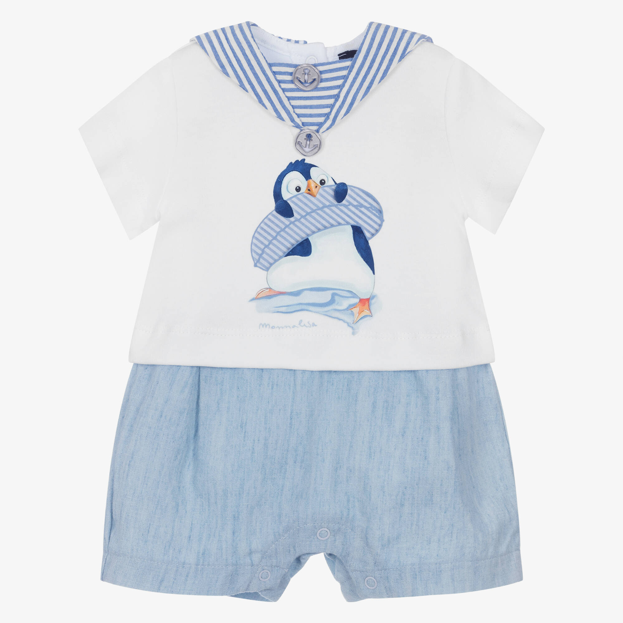 Monnalisa - Little Boys Penguin-Themed Blue Romper | Childrensalon Outlet