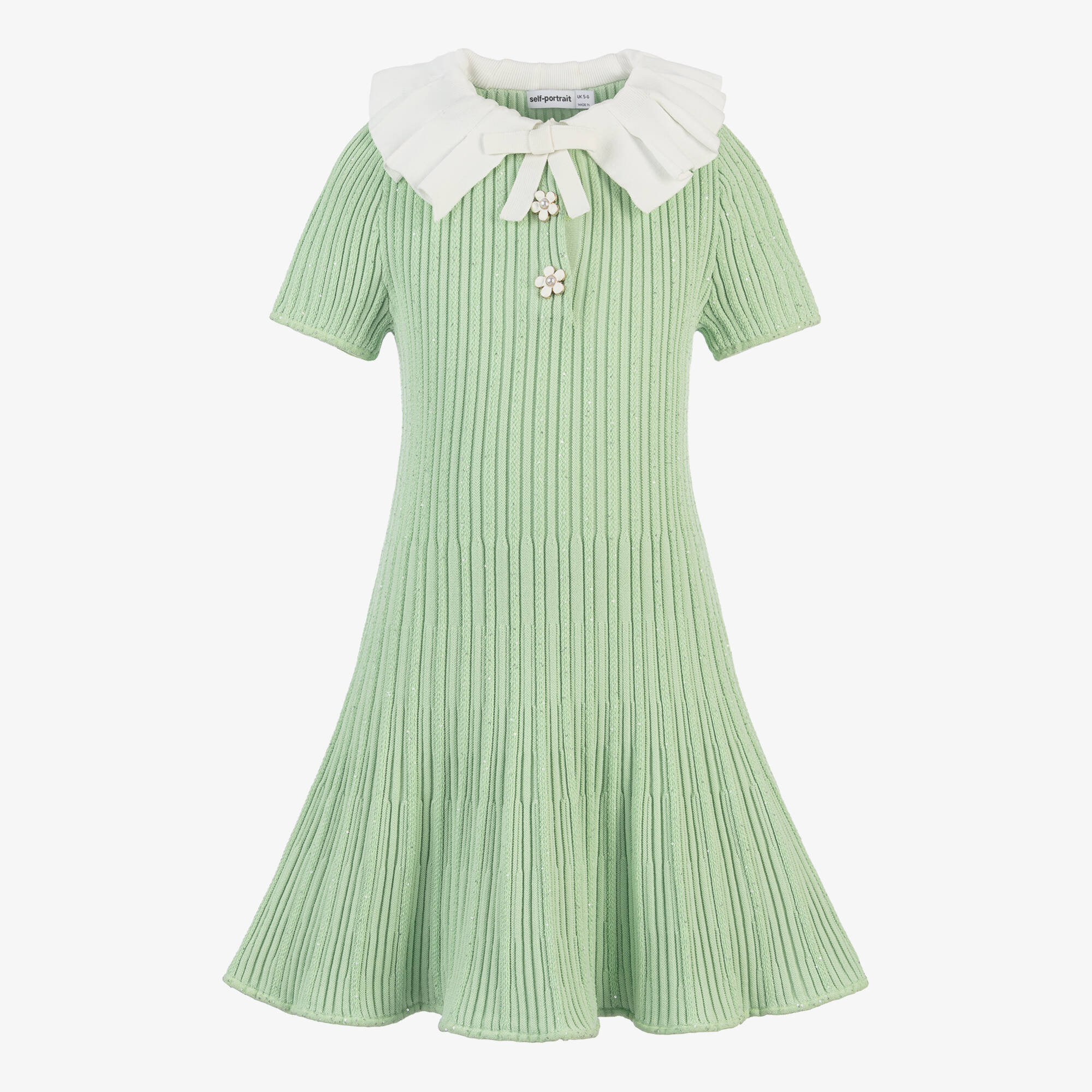Self-Portrait - Girls Emerald Knit Dress with Floral Accents ...