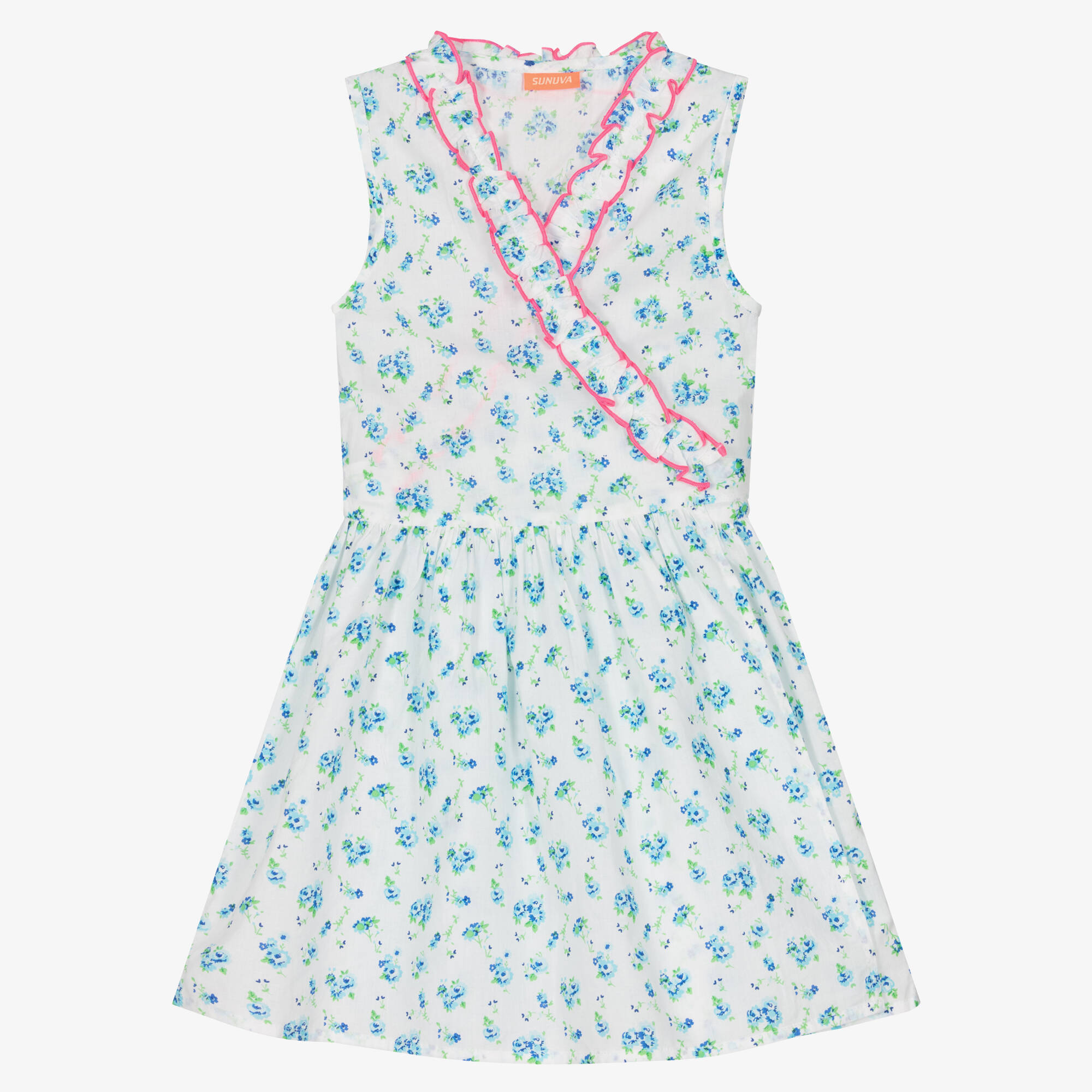 Sunuva - Girls Blue Floral Cotton Wrap Front Dress | Childrensalon Outlet