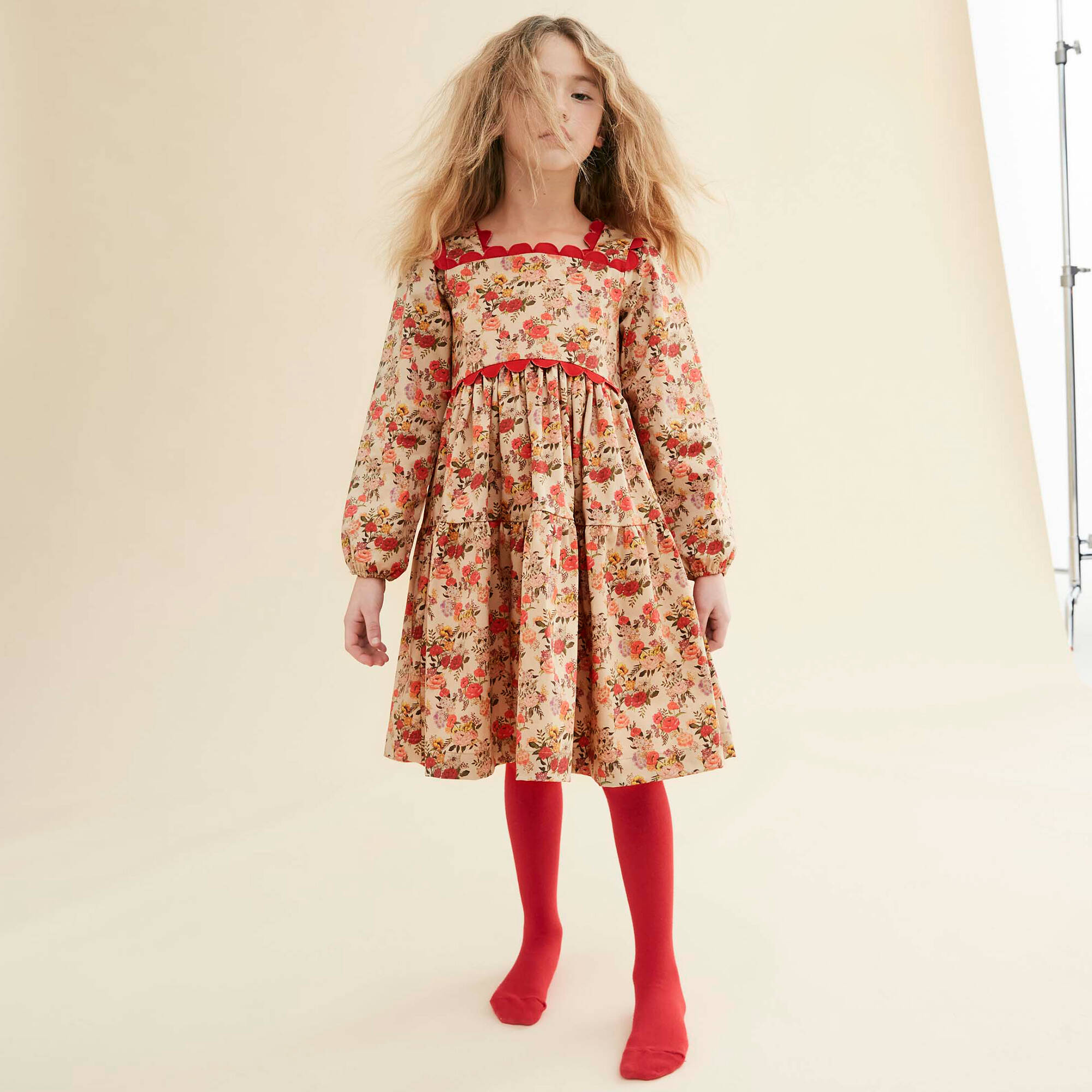 The Middle Daughter - Girls Beige & Red Floral Scallop Dress ...