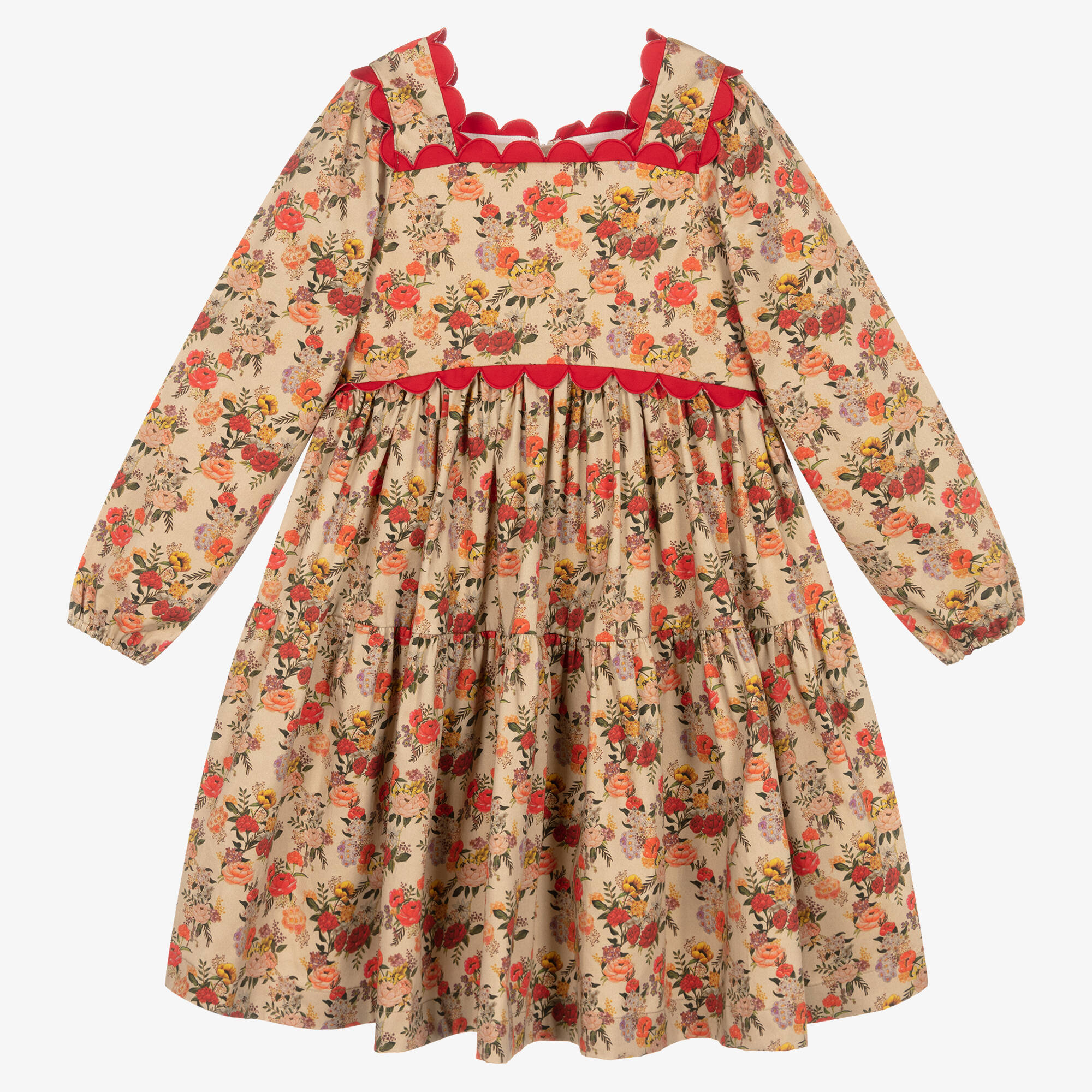 The Middle Daughter - Girls Beige & Red Floral Scallop Dress ...