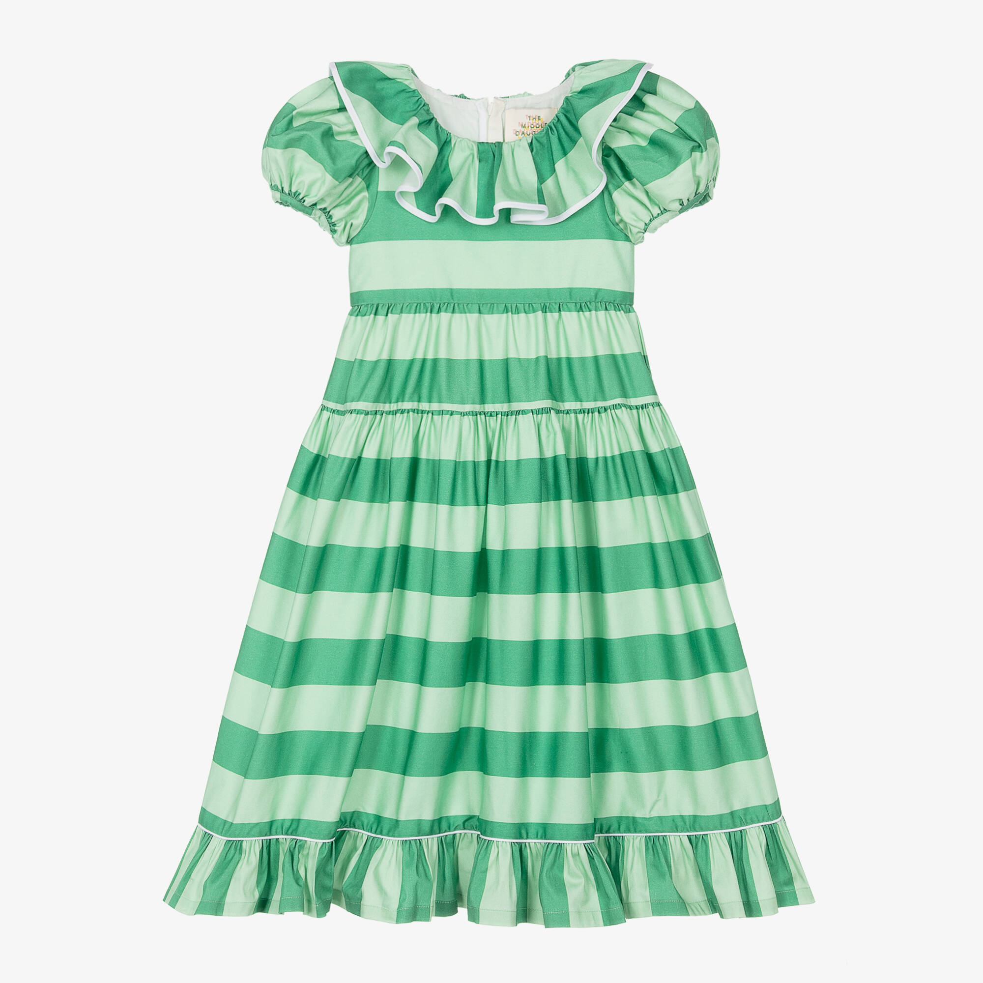 The Middle Daughter - Girls Green Striped Cotton Dress | Childrensalon ...