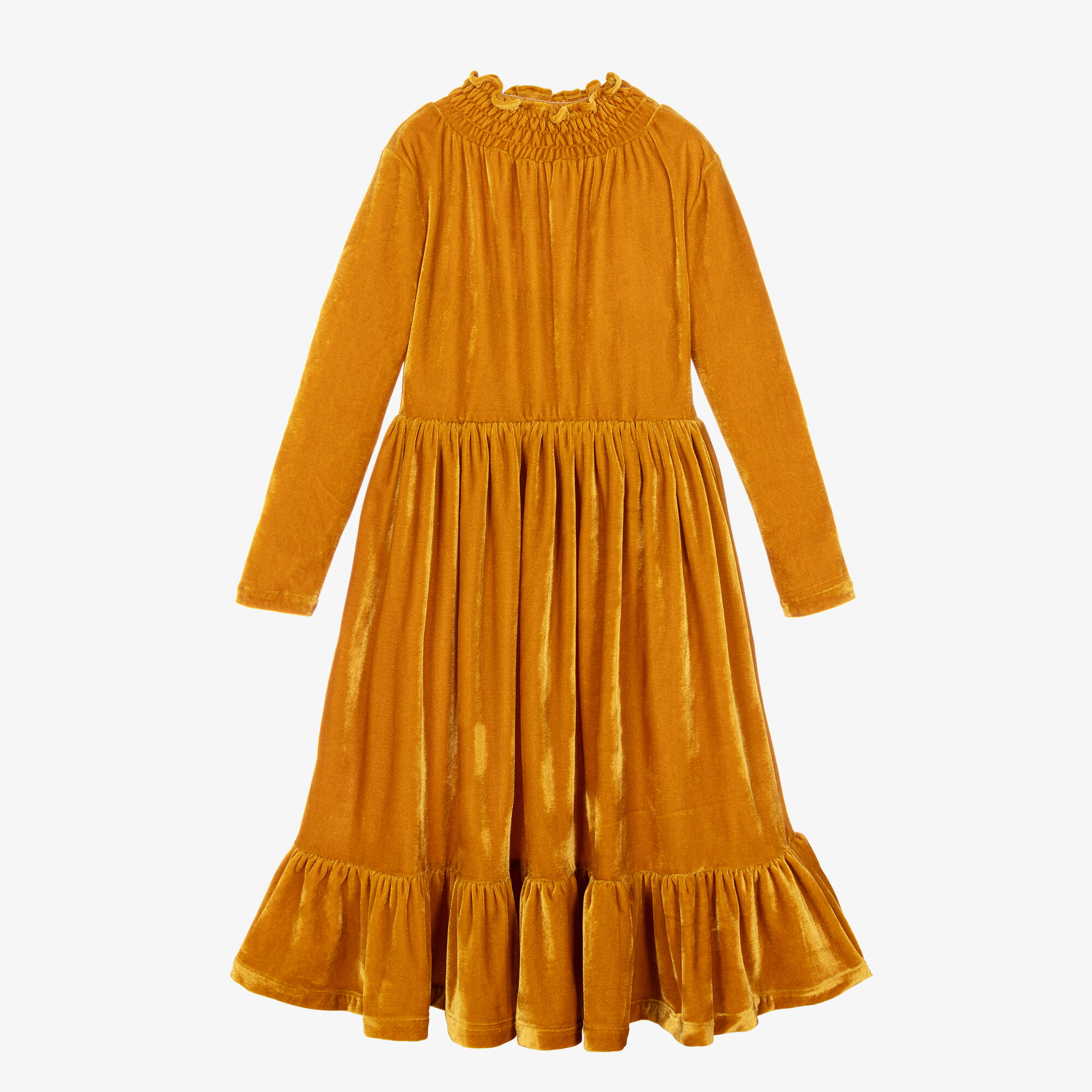 The Middle Daughter - Girls Ochre Velour Tiered Dress | Childrensalon ...