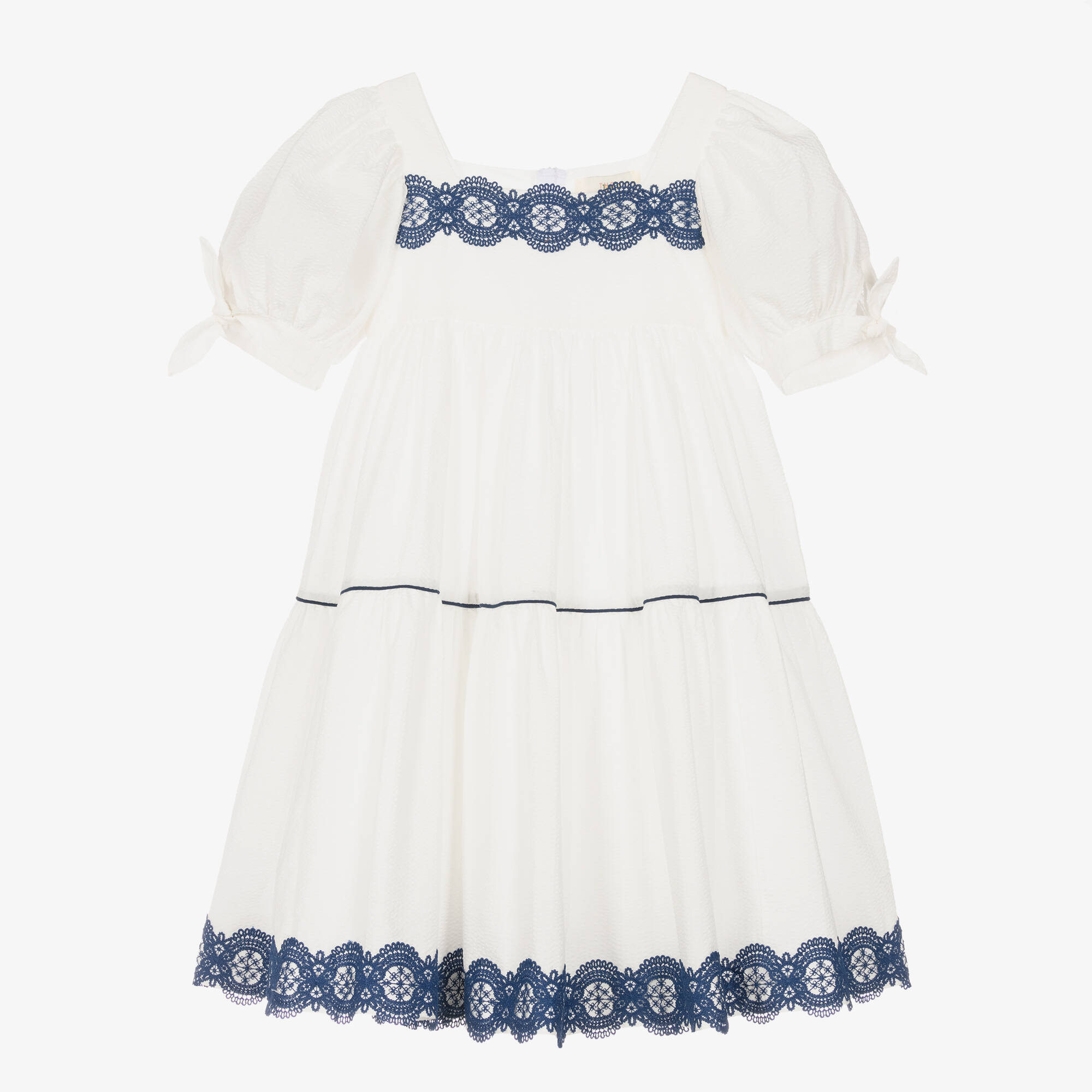 The Middle Daughter - Girls White & Blue Cotton Tiered Dress ...