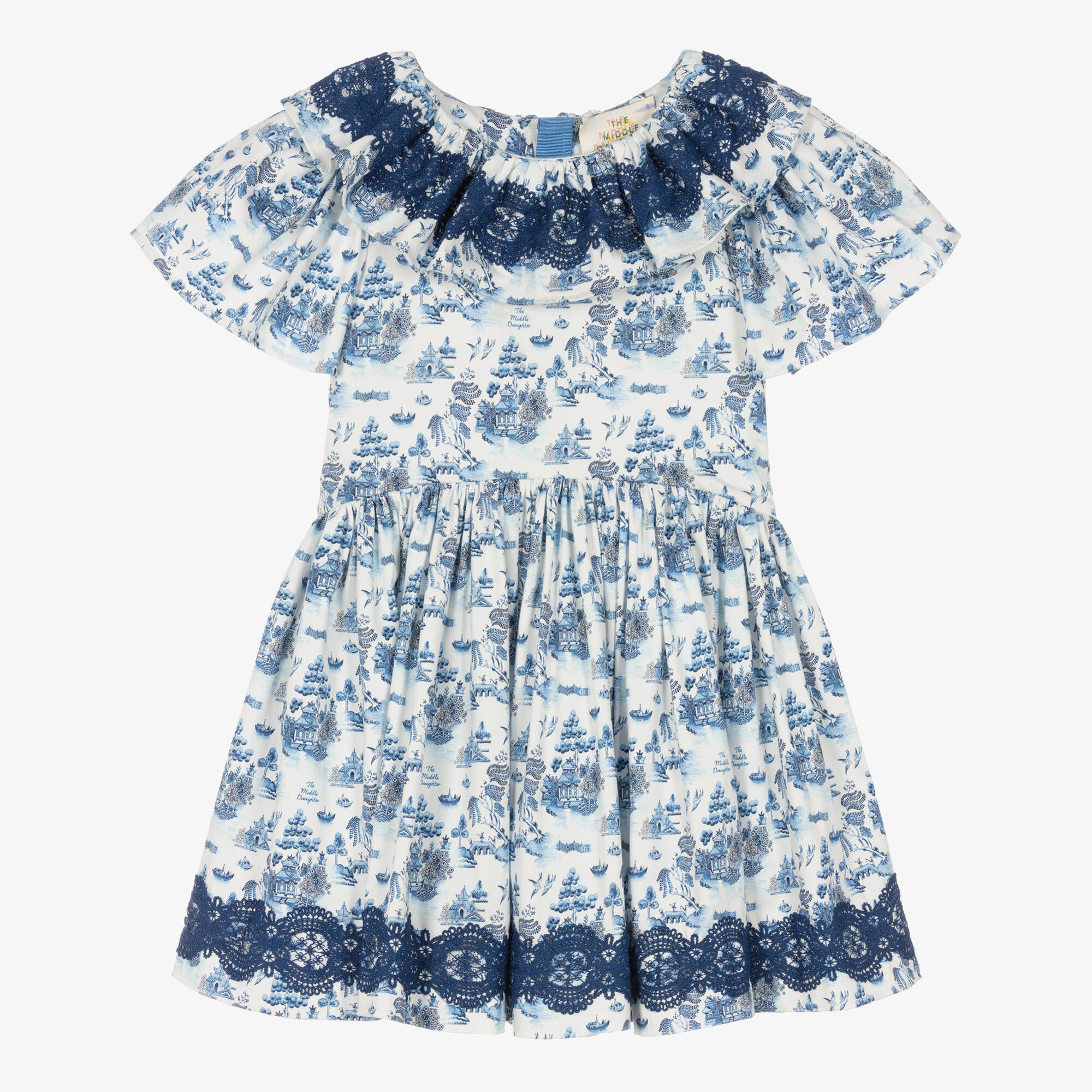 The Middle Daughter - Girls White & Blue Willow Pattern Dress ...